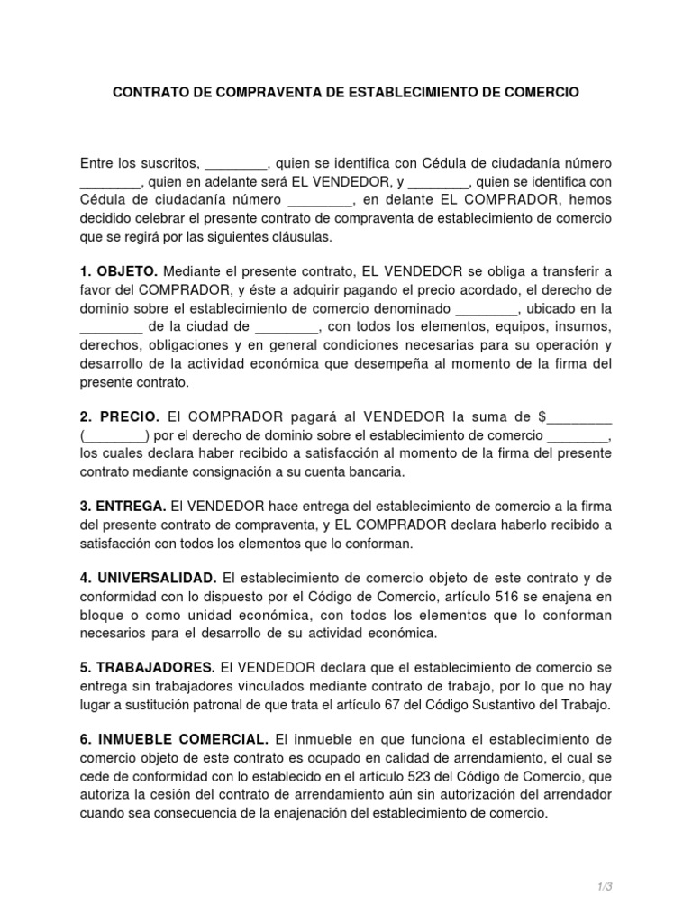 Contrato de Compraventa de Establecimiento de Comercio | PDF