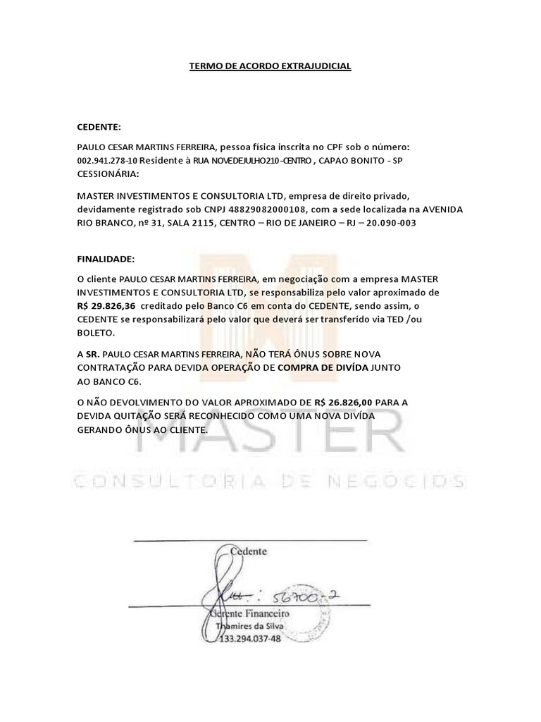 Termo de Acordo Extrajudicial - Paulo Cesar Martins Ferreira | PDF Termo de Acordo Extrajudicial - Paulo Cesar Martins Ferreira | PDF