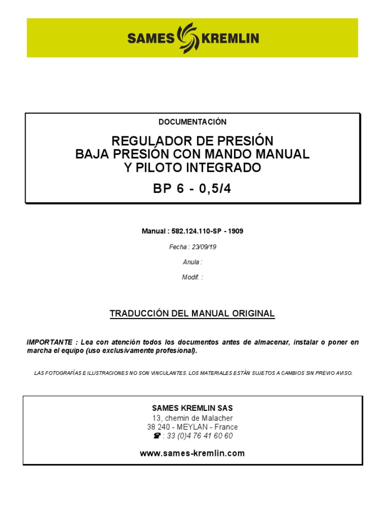 Regulador BP Pilotado Mando Manual Libro de Instrucciones Sames Kremlin 582124110 SP | PDF ...