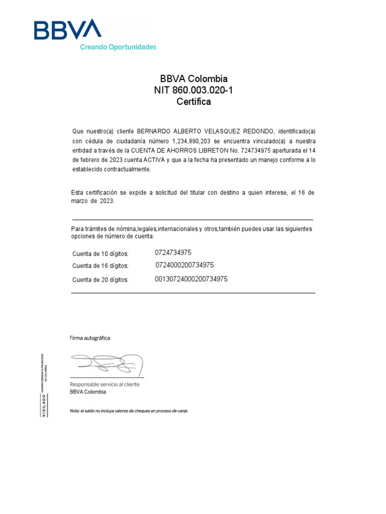 BBVA Colombia NIT 860.003.020-1 Certifica | PDF | Finanzas y administración del dinero