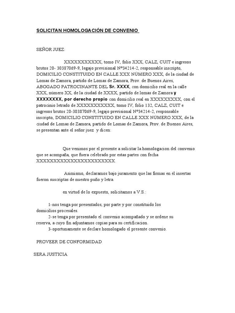 Modelo Solicitan Homologación de Convenio | PDF
