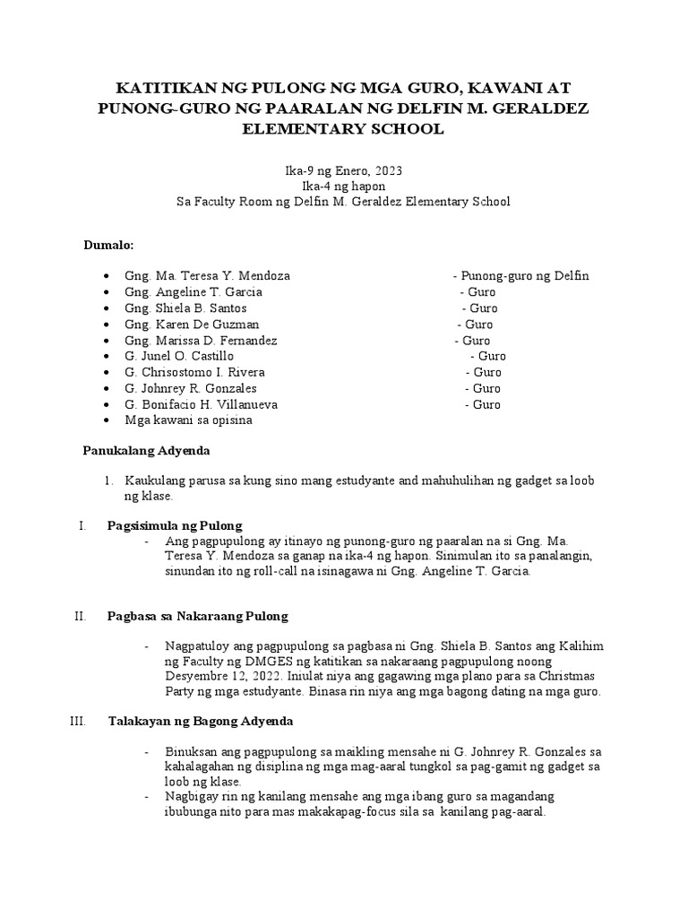 KATITIKAN NG PULONG Activity | PDF