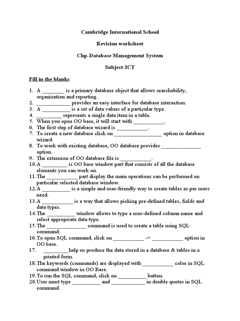 Revision Worksheet CHP Database | PDF | Relational Database | Table (Database)