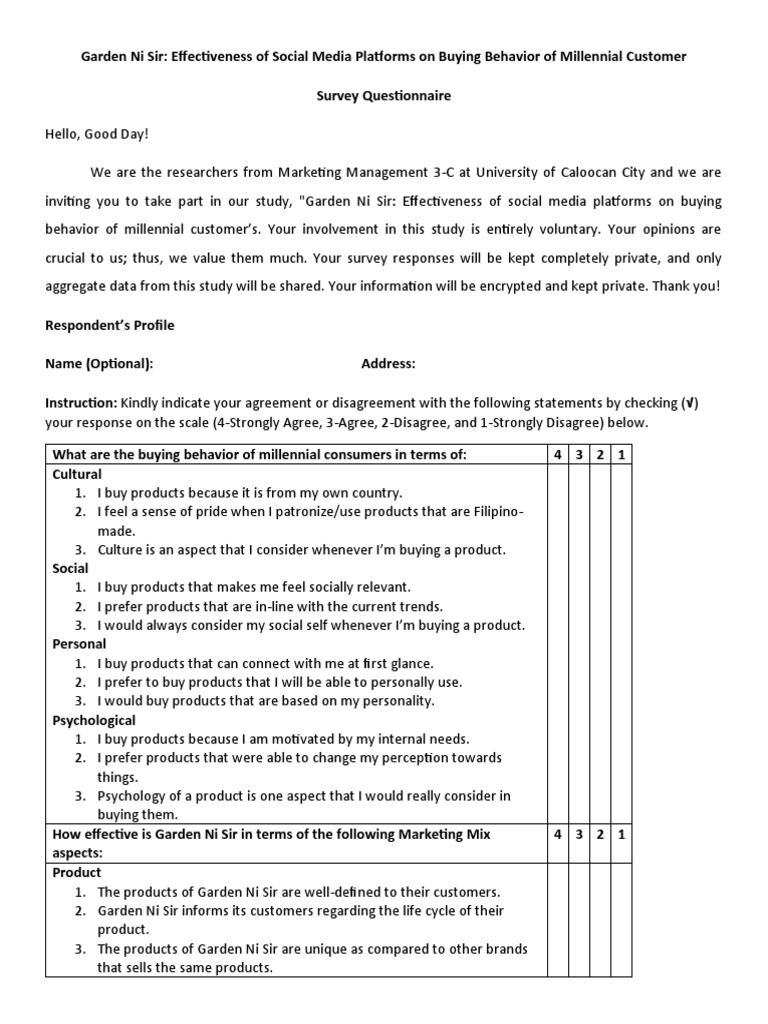 Survey Questionnaire Group 4 | PDF | Pricing | Product (Business)
