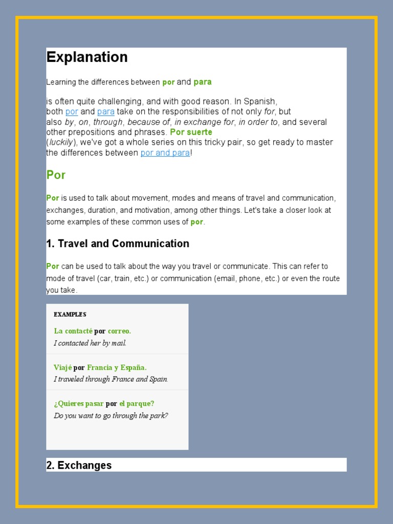 Por Para Difference Spanish Game: Por Vs. Para | Por Y Para