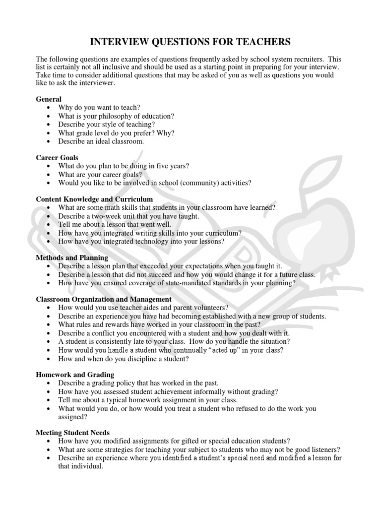 Teacher Interview Questions Guide | PDF | Teachers | Schools