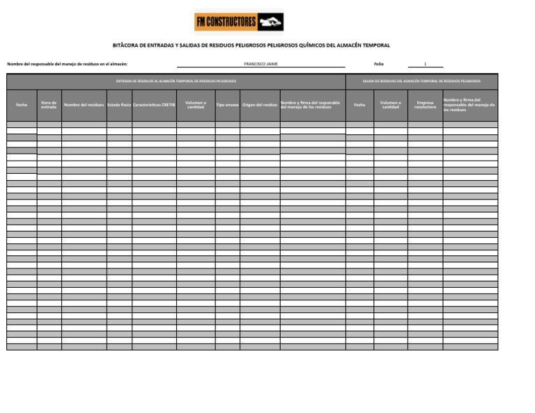 Bitácora de Entradas Y Salidas de Residuos Peligrosos Peligrosos ...