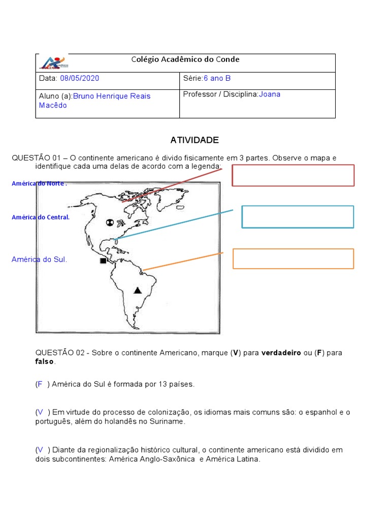 Atividade Continente Americano - História-1 | PDF