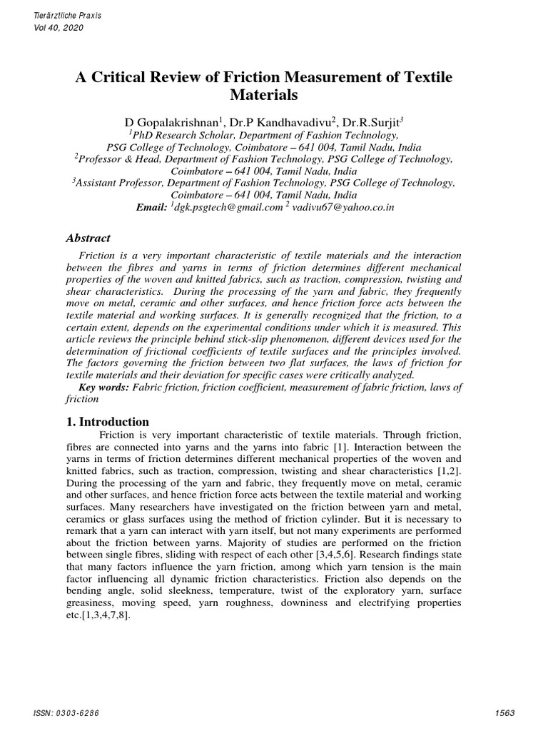 A Critical Review of Friction Measurement of Textile Materials | PDF ...