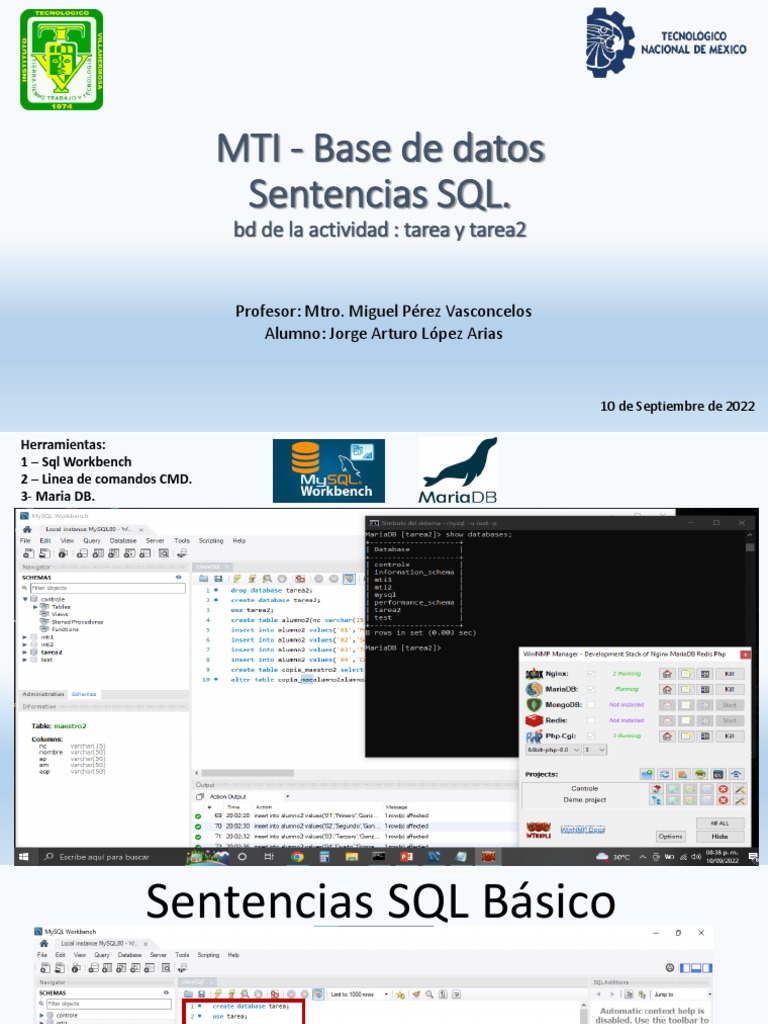 MTI - Base de Datos Sentencias SQL.: BD de La Actividad: Tarea y Tarea2 | PDF