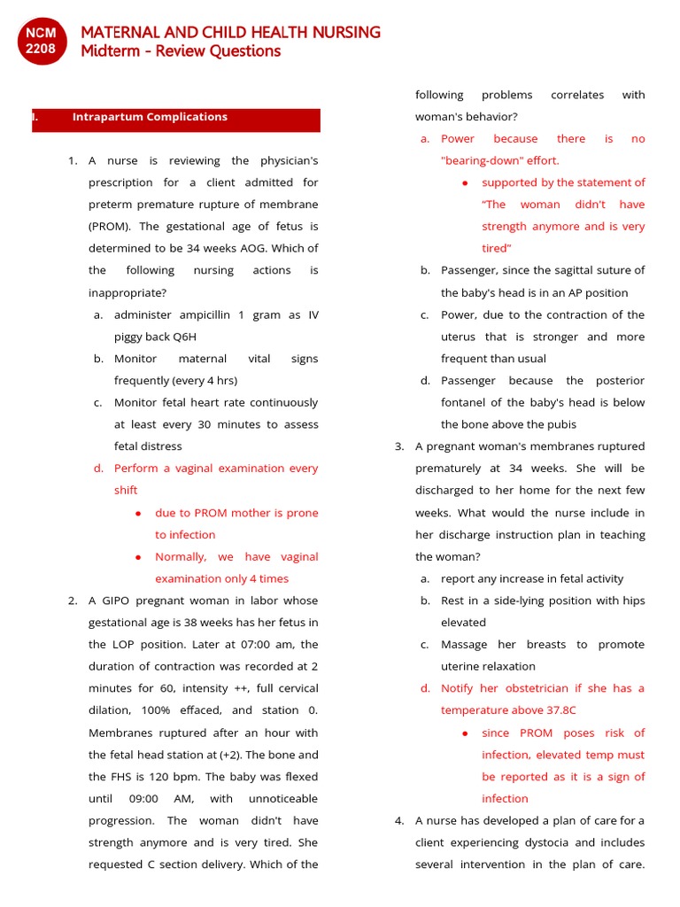 MCN Midterm Review Questions | PDF | Childbirth | Medicine