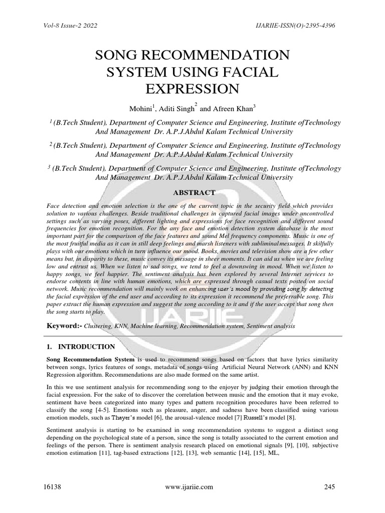 SONG RECOMMENDATION SYSTEM USING FACIAL EXPRESSION Ijariie16138 | PDF ...