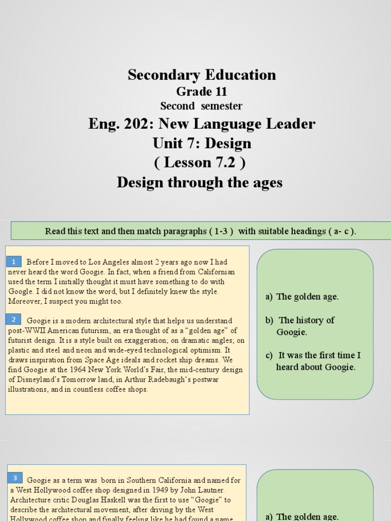 Secondary Education Eng. 202: New Language Leader Unit 7: Design ...