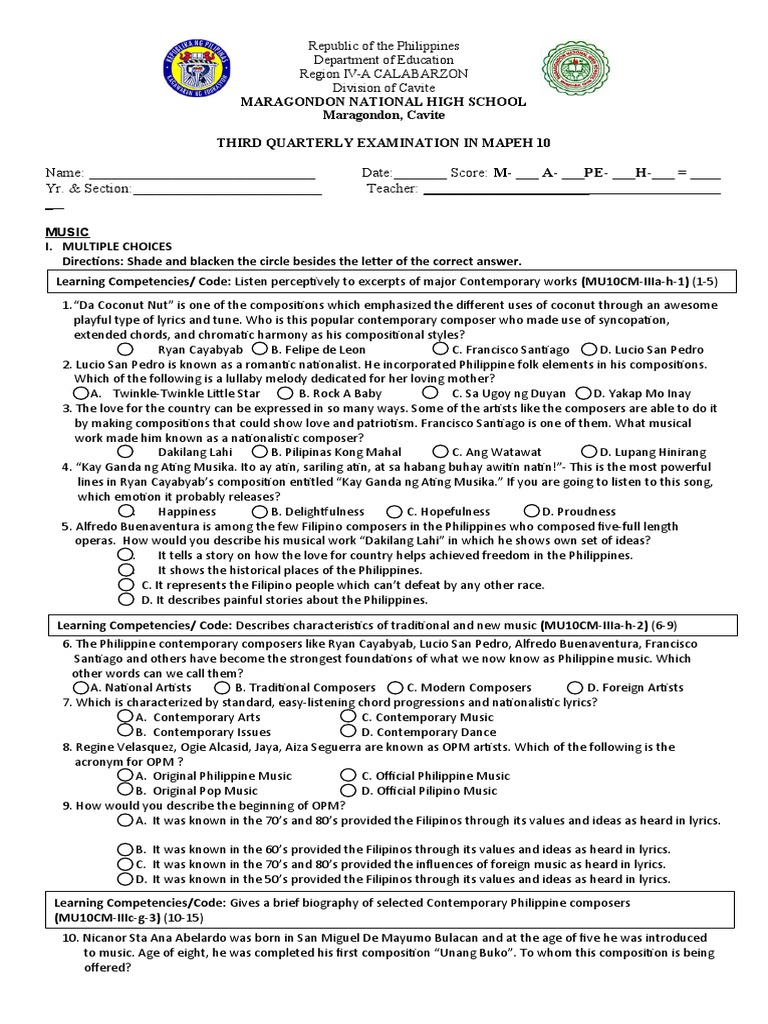 Philippine Music and Composers Exam | PDF | Global Health