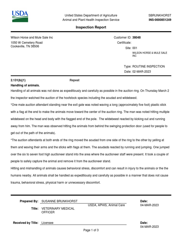 March 2023 USDA Inspection Report | PDF | Mammals