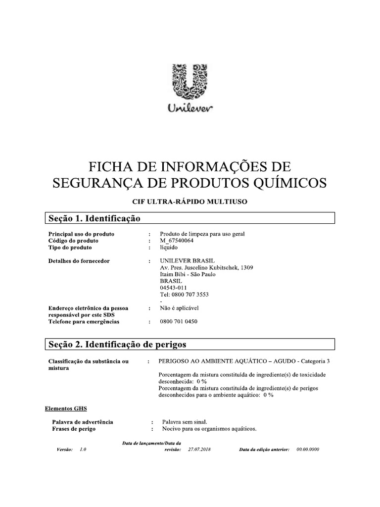 FISPQ - CIF Multiuso Cremoso | PDF