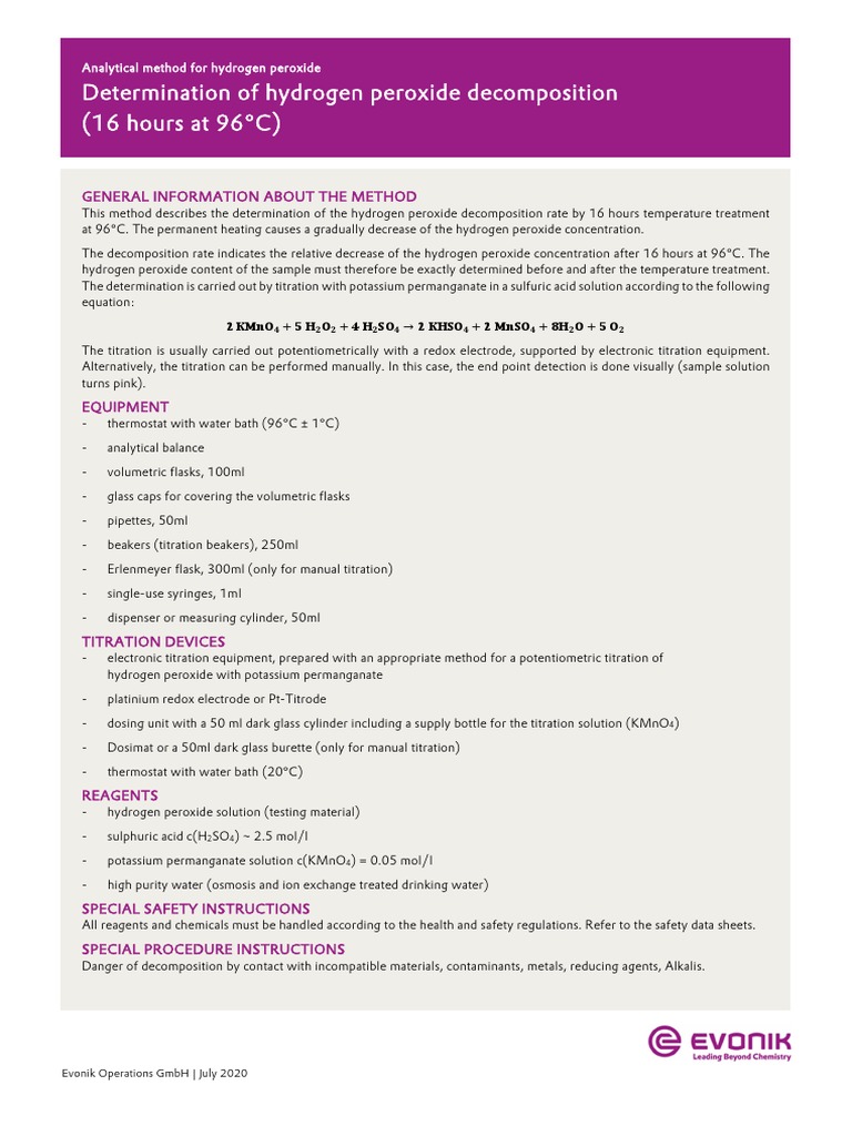 Determination of Hydrogen Peroxide Decompositon (16 Hours at 96 °C ...