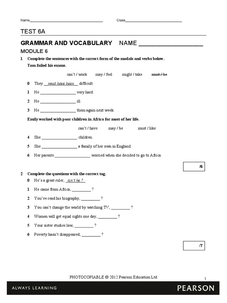 GRAMMAR AND VOCABULARY NAME - : Test 6A | PDF | George Orwell