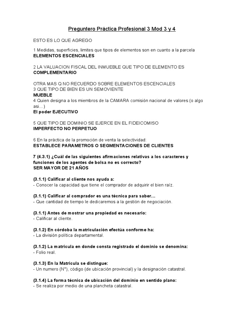 Preguntero Practica Profesional 3 Mod 3 y 4 | PDF | Ley de fideicomiso | Economias