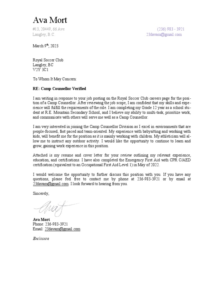 Ava Mort Cover Letter | PDF