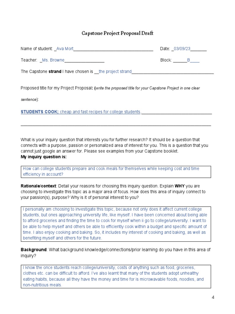 Capstone Project Proposal Draft Student Fillable | PDF | Cookbooks | Recipe Capstone Project Proposal Draft Student Fillable | PDF | Cookbooks | Recipe