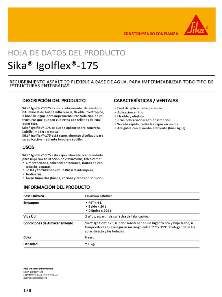 Sika Igolflex 175 | PDF | Agua | Hormigón