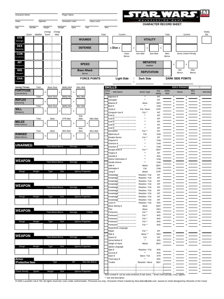 SW d20 Character Sheet | PDF | Sith | The Force (Star Wars)