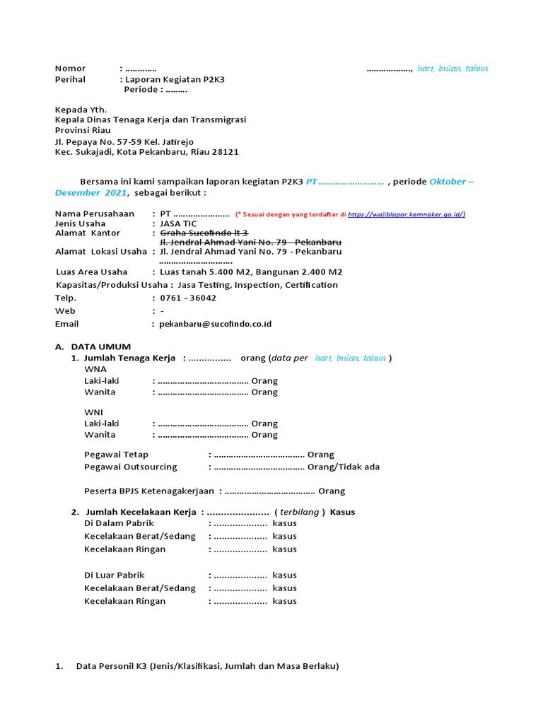 Format P2K3 Laporan Triwulan IV 2021 | PDF