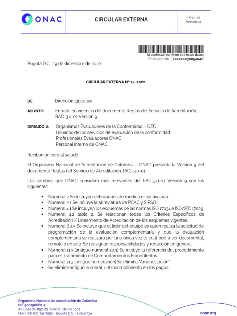 Circular Externa No 14 2022 Entrada en Vigencia Del Documento Reglas ...