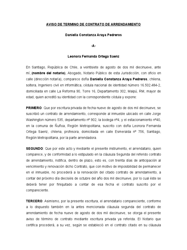 Aviso de Termino de Contrato de Arrendamiento | PDF | Derecho Civil ...