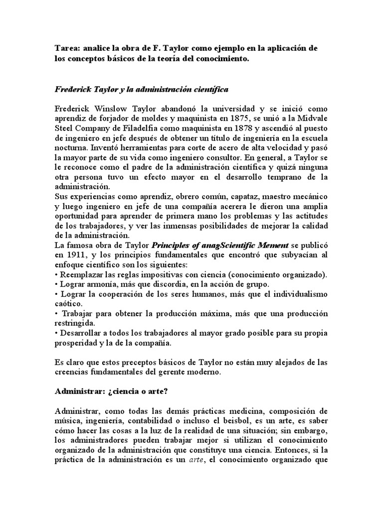 Principios de Administración Científica de Taylor | PDF | Ingeniería ...