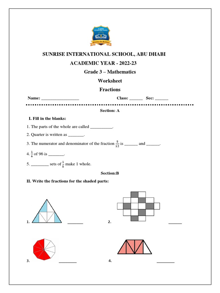 Grade 3 - Chapter Worksheet - Fractions | PDF | Numbers | Mathematics