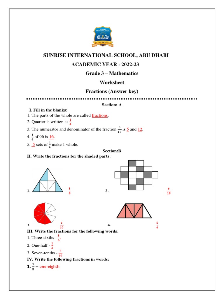 Grade 3 - Chapter Worksheet - Fractions - Answer Key | PDF ...