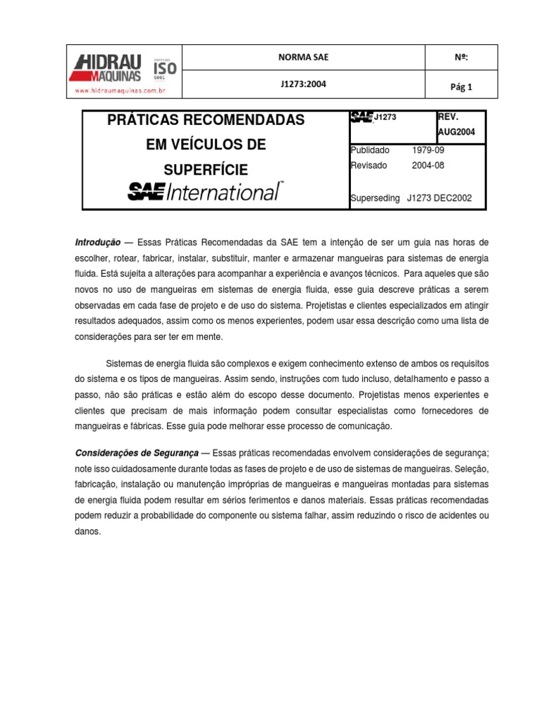 01 - SAE J1273 2004 - PORTUGUÊS - Práticas Recomendadas para A Montagem de Mangueiras ...