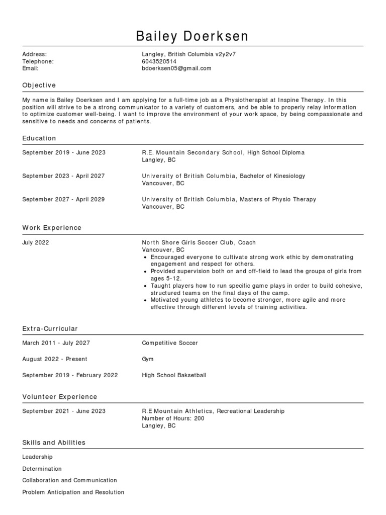 Bailey Doerksen Resume - Baileys Resume 1 | PDF | Physical Therapy | Cognitive Science