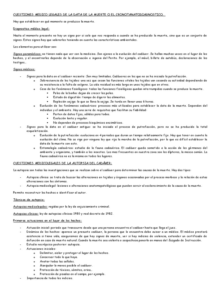 Cuestiones Medico Legales de La Data de La Muerte o El Cronotanatodiagnostico | PDF ...
