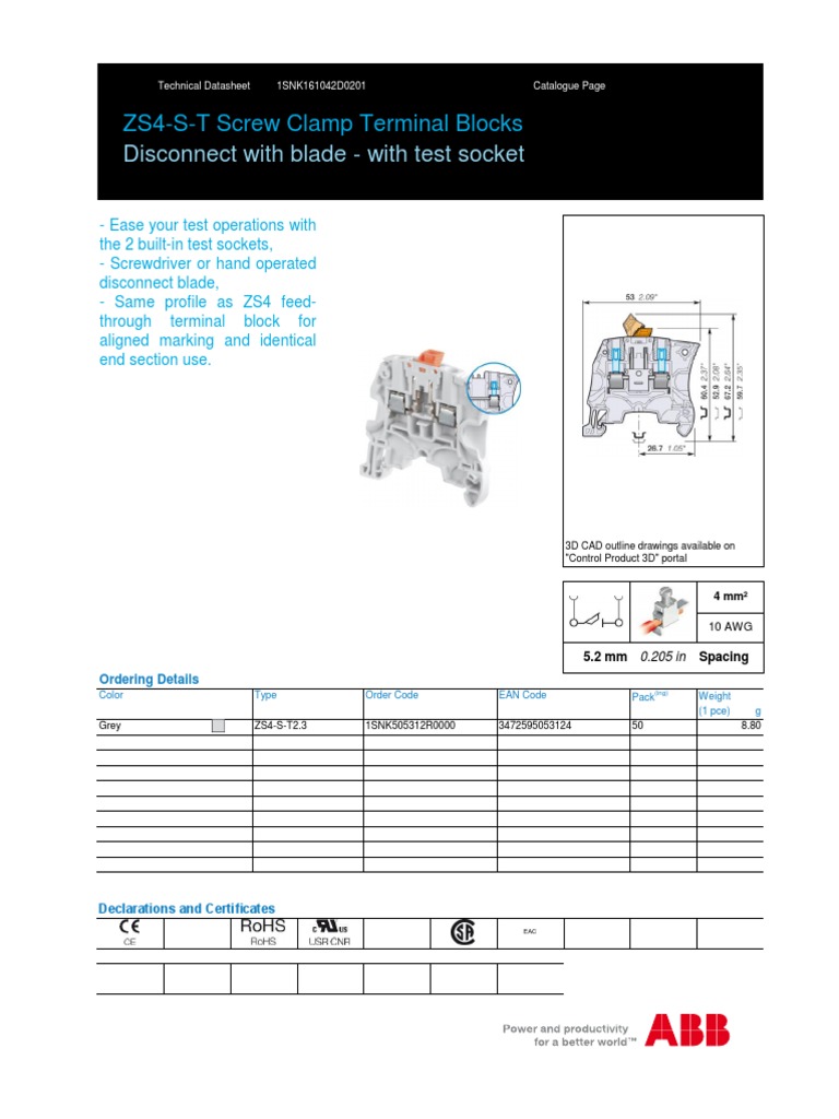 Bornera ZS4-S-T ABB | PDF | Electrical Connector | Fuse (Electrical)