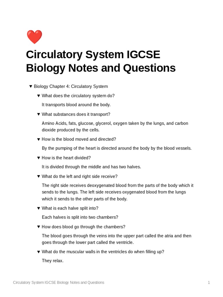 Circulatory System IGCSE Biology Notes and Questions 1 | PDF | Blood ...