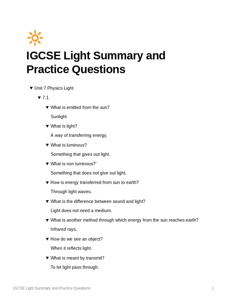 IGCSE Light Summary and Practice Questions 1 | PDF | Refraction | Light
