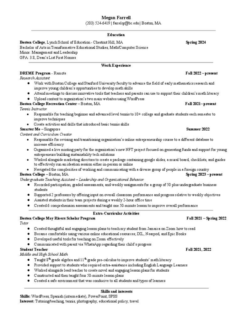 Megan Farrell - Resume 2023 | PDF | Lesson Plan | Teachers