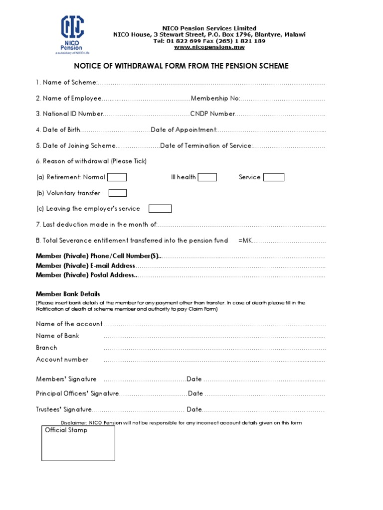 Notice of Withdrawal Form From The Pension Scheme | PDF