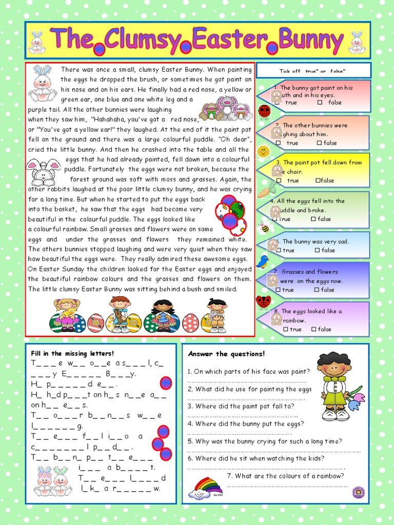 The Clumsy Easter Bunny Key Included Reading Comprehension Exercises ...