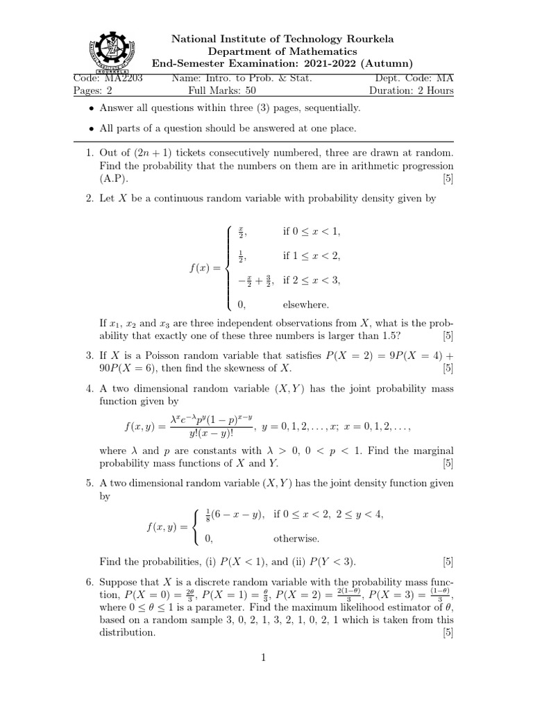 National Institute of Technology Rourkela Department of Mathematics End-Semester Examination ...