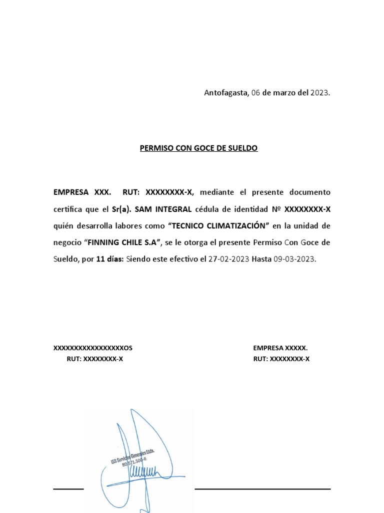 Permiso Con Goce de Sueldo: Xxxxxxxxxxxxxxxxxos Empresa Xxxxx. Rut ...