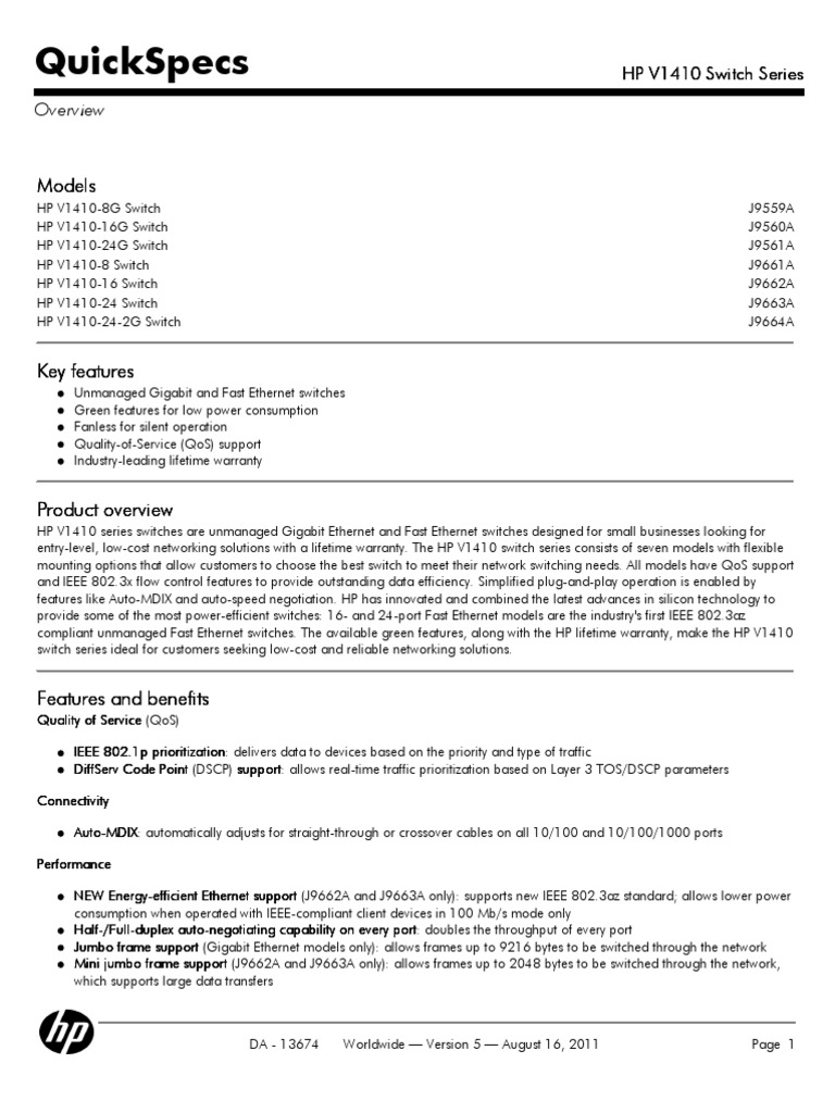 Quickspecs: Models Models Models Models | PDF | Network Switch | Quality Of Service