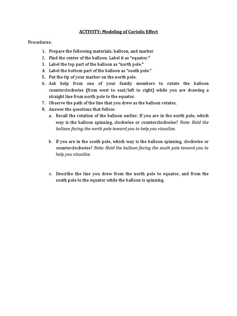 Coriolis Effect Balloon Activity | PDF