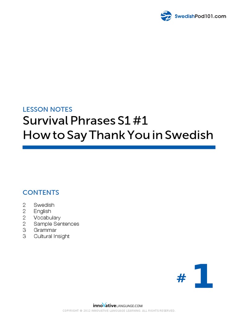 Survival Phrases S1 #1 How To Say Thank You in Swedish: Lesson Notes ...