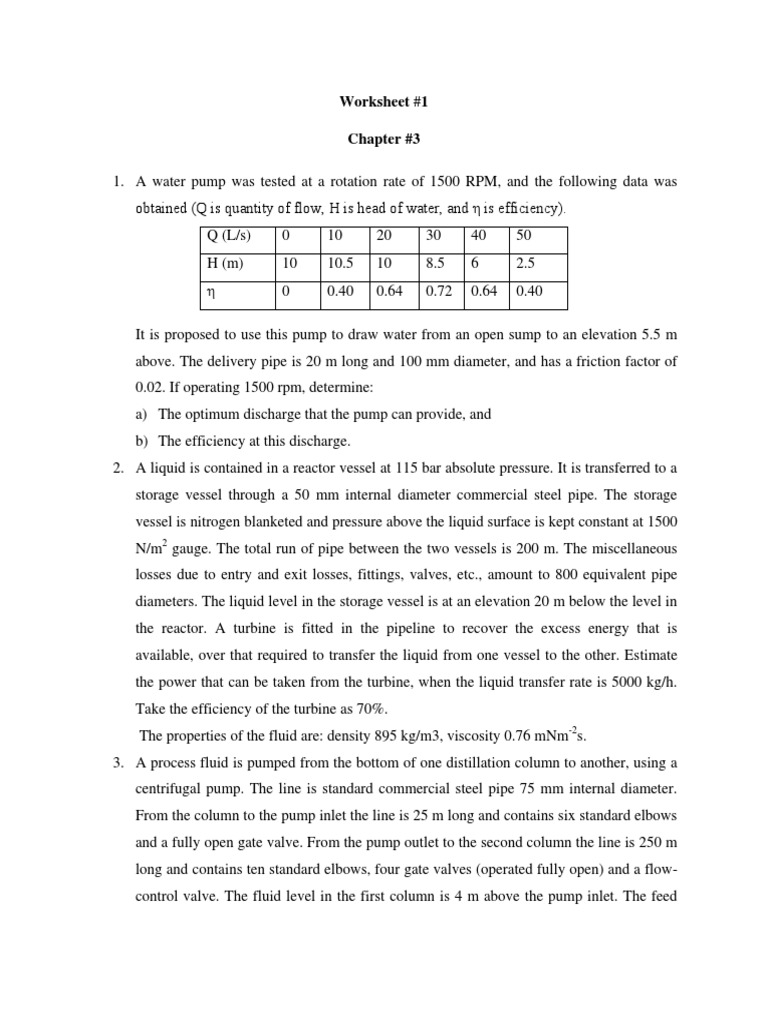 Worksheet #1 | PDF | Pump | Liquids