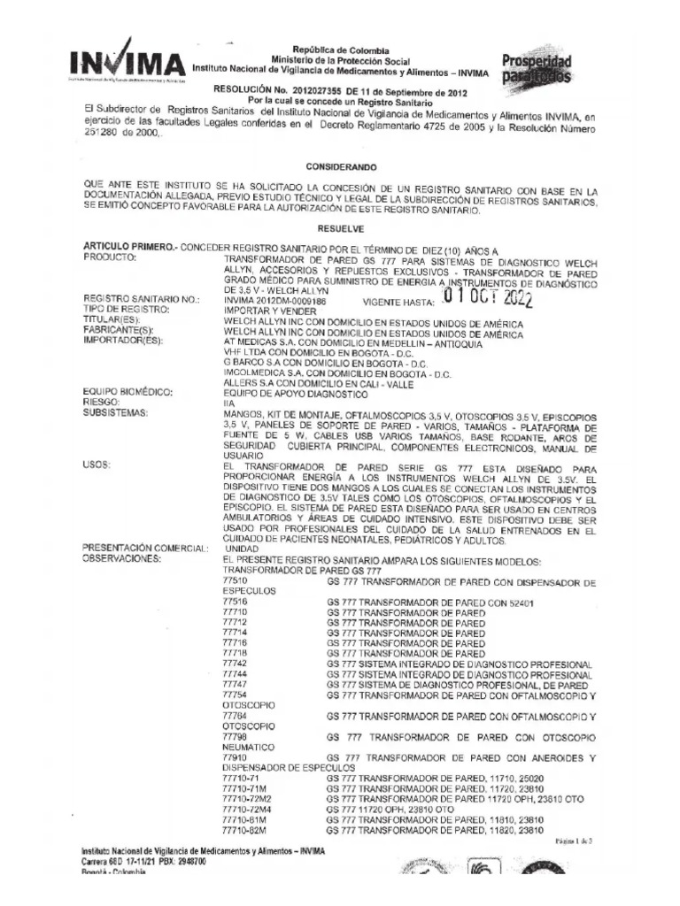 Invima-Equipo de Organos de Pared-Welch Allyn | PDF