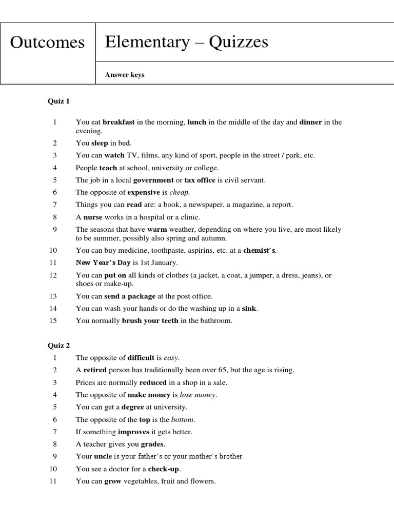 Elementary - Quizzes Outcomes: Quiz 1 | PDF
